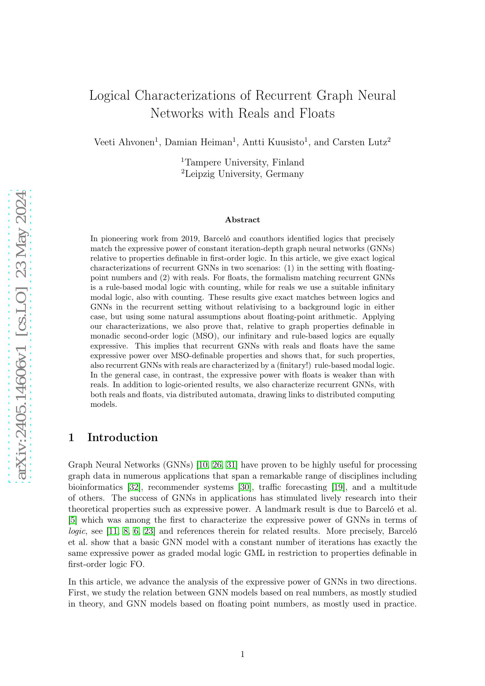 Logical Characterizations of Recurrent Graph Neural Networks with Reals and Floats - 智源社区论文