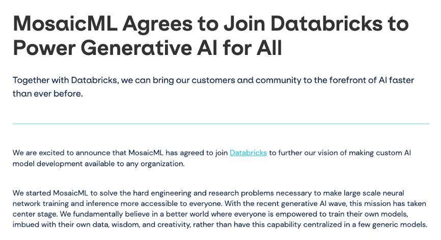 AIGC领域最大收购：Databricks 13亿美元买下MosaicML，成立仅2年员工60人 - 智源社区